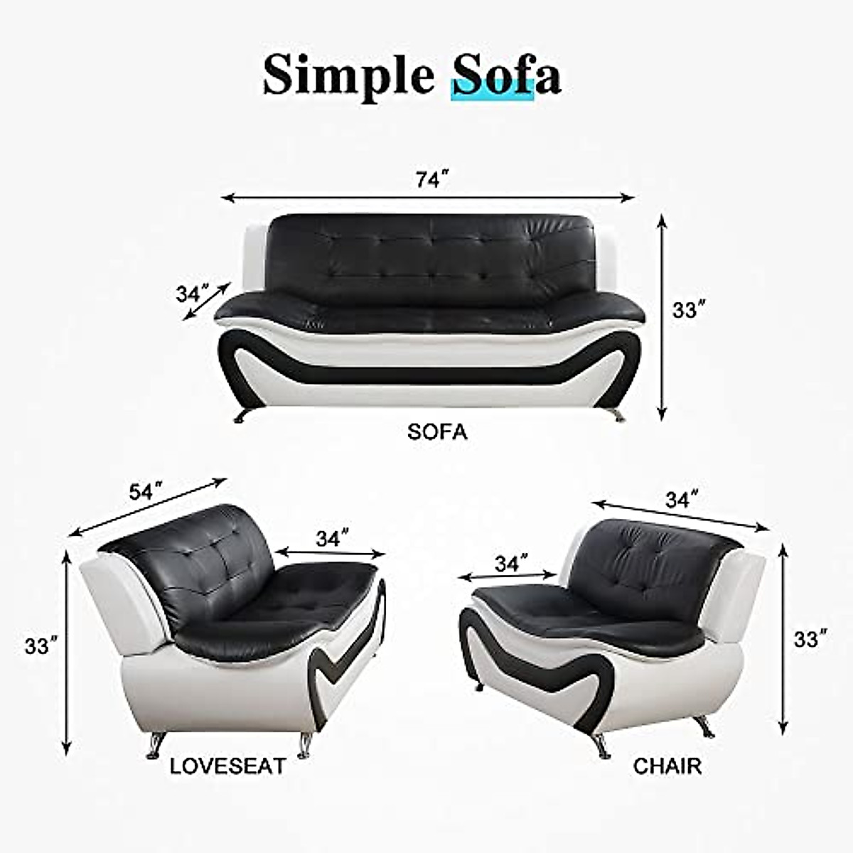 HOMVET Faux Leather 3 Piece-Modern Sofa,Couch Set for Living Room,Black & White