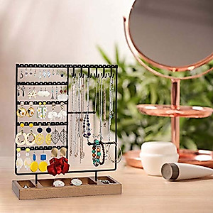 X-cosrack Earring Holder,5-Tier Ear Stud Holder with Wooden Tray,Jewelry Organizer Holder for Earrings Necklaces Bracelets Watches and Rings,Earring Display Stand with 132 Holes,Black