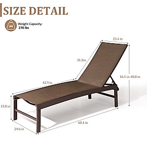 VredHom Patio Aluminum Chaise Lounge Chair, Set of 2 Outdoor Recliner Lounge Chair Sun Loungers, All Weather Chaise with 5 Adjustable Backrest and Lay Flat Positions for Garden, Balcony, Pool