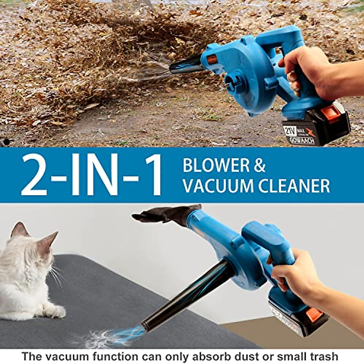 Cordless Leaf Blower, GOWAACHO 21V 2-in-1 Electric Handheld Sweeper/Vacuum with 2*4.0Ah Rechargeable Battery & Charger for Blowing Leaf, Cleaning Dust, Car, Computer Host, Small Trash