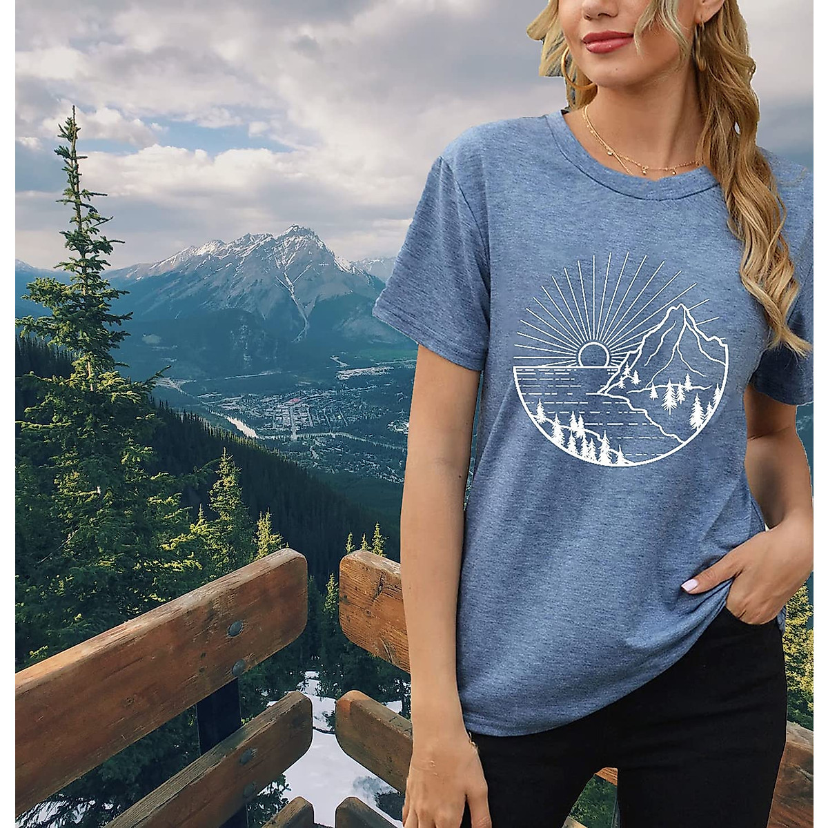 Sunrise Pine Tree Shirt for Women Retro Sun and Pine Tree Graphic Printed Summer Casual Hiking Travel Adventure Camping Short Sleeve Roundneck Regular Fit Workout Casual Tee Tops(Blue S)