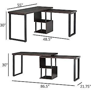 Royal Wood 55" 360° Rotating L-Shaped Home Office Computer Desk, Rotating Corner Desk with Storage Shelves, Left or Right Side Combo Table, Study Writing Desk Two Workstations,Espresso