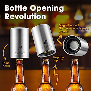 Beer Bottle Opener, Automatic Magnetic Bottle Openers, Funny Gifts, Soda Cap Opener, Stainless Steel Push Down Opener, My Beer Buddy, 2 Openers, 20 Stickers