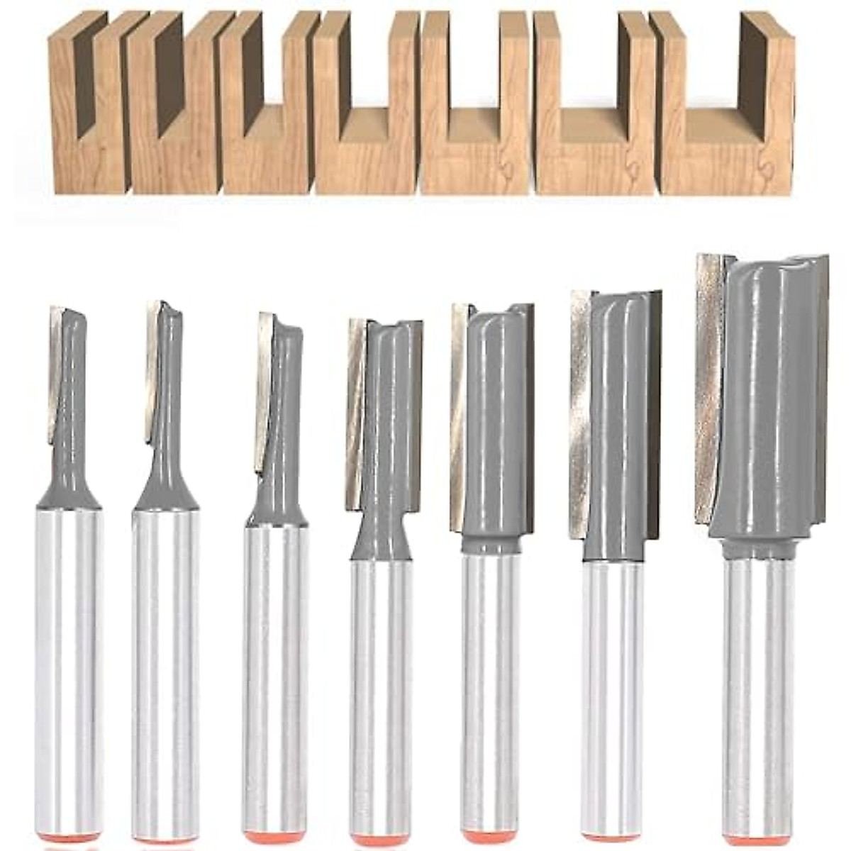 7Pcs Straight Router Bit Set 1/4 Inch Shank, Carbide Tipped Double Flute Straight Cut Router Bits, Straight Bit for Dado Trimming Cutter, Cut Dia 1/8",5/32", 3/16",1/4",5/16",3/8",1/2"
