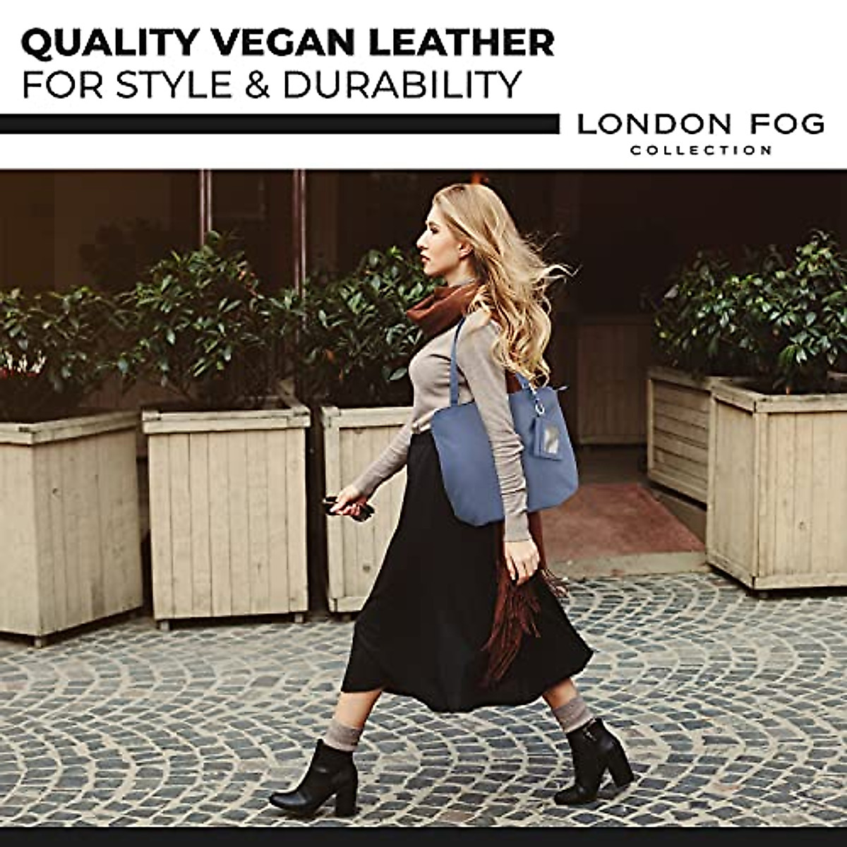 LONDON FOG FLORIANA Satchel for Women, Vegan Leather Shoulder Bag with ID Wallet - Denim