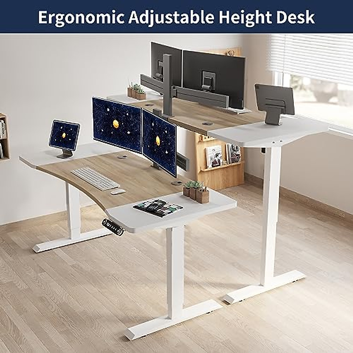 Dual Motor Electric Standing Desk, 63 x 30 Inches Height Adjustable Table with Splice Board, Ergonomic Sit Stand Computer Desk with White Frame/Oak+ White Top