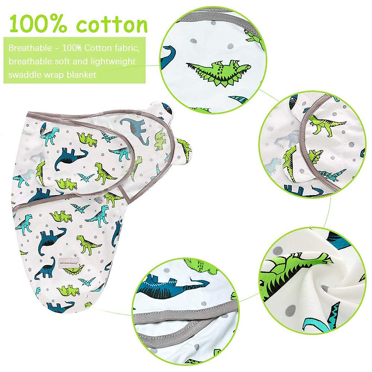 Miracle Baby Newborn Swaddle Blanket Adjustable Wrap Receiving Blanket Baby 100% Cotton Sleep Bag 0-3 Months 3-6 Months(0-3 Month,Dinosaur)