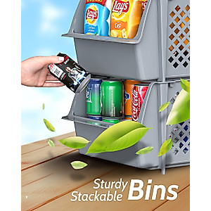 TidyFriend Stackable Storage Bins for Pantry, 4 Pack Stackable Bins For Organizing Food, Kitchen, and Bathroom Essentials (Grey)