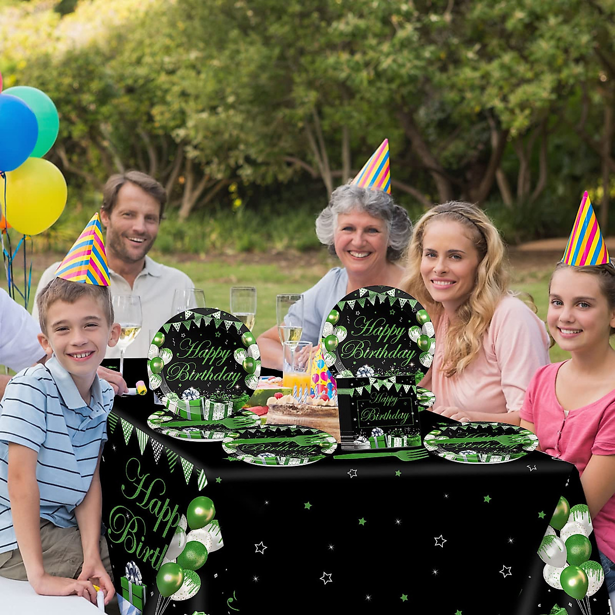 Green Happy Birthday Party Supplies Green Silver Black Party Tableware Includes Confetti Sprinkles Plates Napkins Fork and Green Birthday Tablecloth for Birthday Parties Decorations Set Serve 20