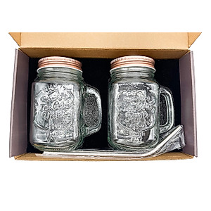 Home Suave - Gift Box with Set of 2 Mason Jar Mugs with Handle, Regular Mouth Colorful Lids with 2 Reusable Stainless Steel Straw, Set of 2 (Rose Gold), Kitchen GLASS 16 oz tumblers, Dishwasher Safe
