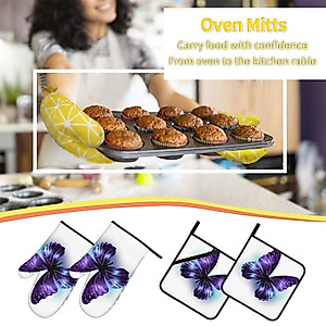 Oven Mitts and Pot Holders Set of 4 Blue Purple Butterfly Print Kitchen Oven Glove Fashion Heat Resistant Oven Gloves Set for BBQ Grill Baking Cooking Oven Microwave