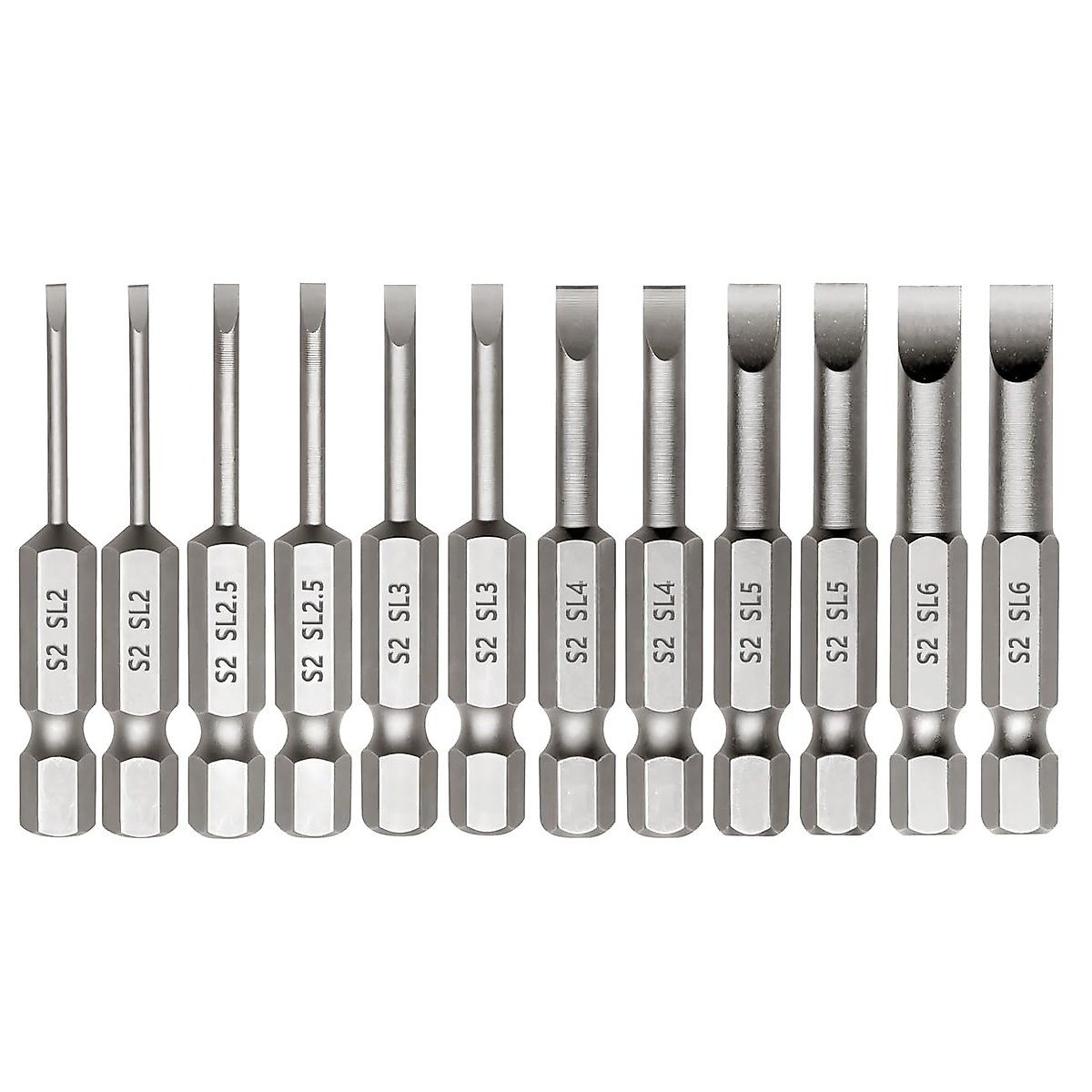 Saipe 12 Pieces Magnetic Slotted Screwdriver Bit Set, 1/4 Inch Hex Shank Flat Head Drill Bits Insert Bits 2 Inch Length, SL2/2.5/3/4/5/6 Impact Driver Bit for Power Drilling, Set of 2