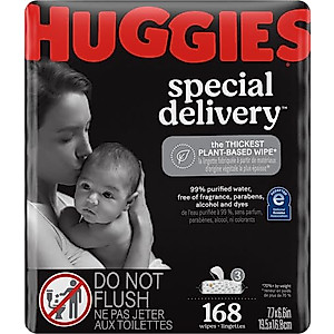 Hypoallergenic Baby Wipes, Unscented, Huggies Special Delivery Baby Diaper Wipes, Safe for Sensitive Skin, 99% Purified Water, 3 Push Button Packs (168 Wipes Total)