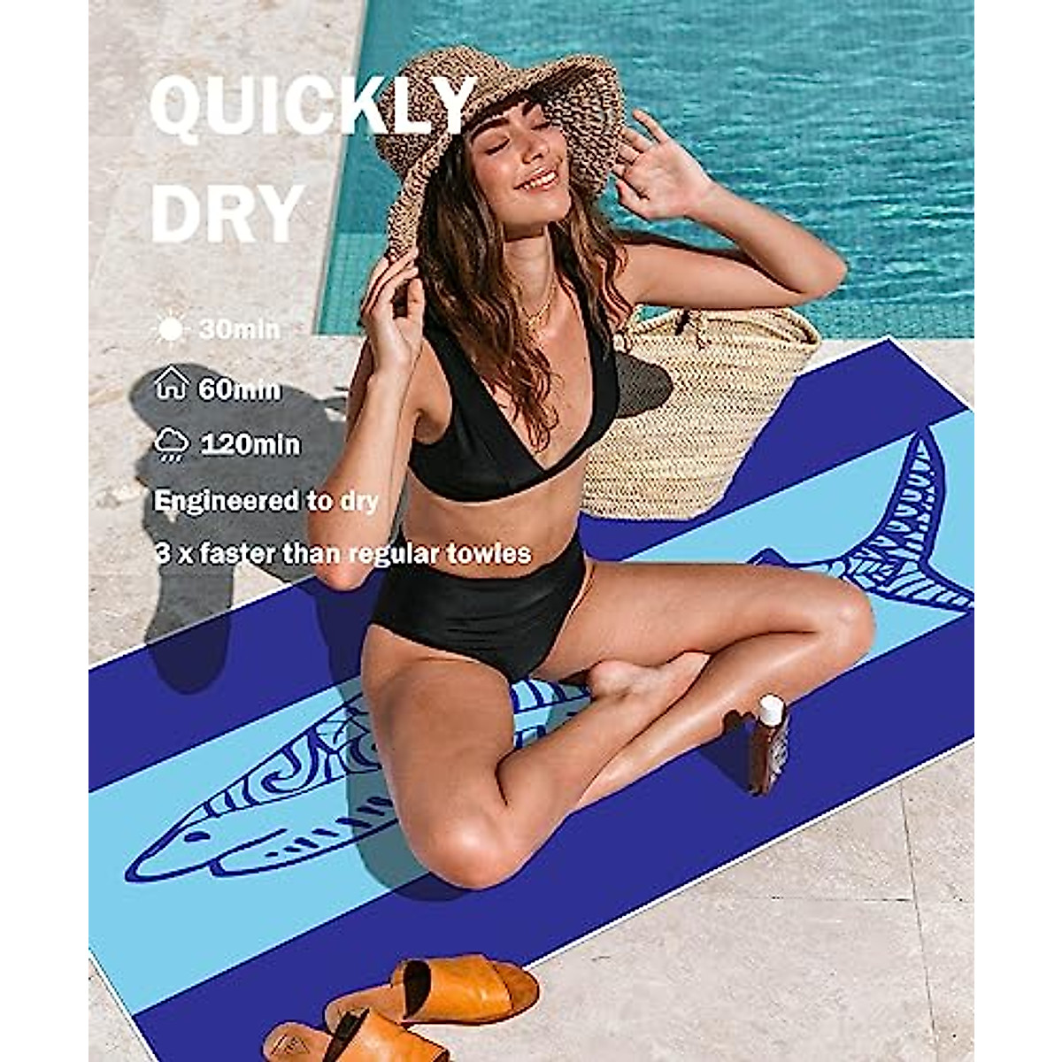 cabanana Sand Free Beach Towel - Large Oversized Beach Towel Sandproof 70x35 Big Microfiber Quick Dry Pool Towel, Thin Lightweight Compact for Travel Swimming Bath Yoga for Adults Women Men (Shark)