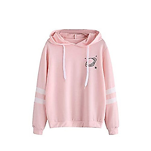 SweatyRocks Women's Planet Print Varsity Striped Drawstring Pullover Sweatshirt Hoodies Tops Pink L