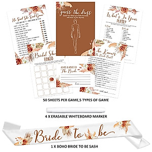 Levfla Boho Bridal Shower Games - Set of 6 (50 pcs Per Game), with Tropical Bohemian Bride to Be Sash + 4 PCS Marker Pens, Suitable for Pampas Bridal Shower, Terracotta Bachelorette Party