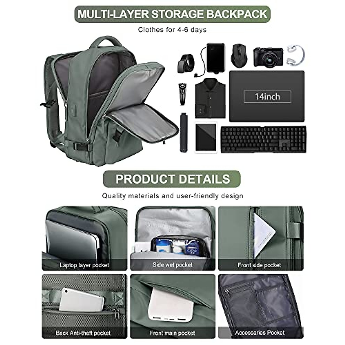 VGCUB Carry on Backpack,Large Travel Backpack for Women Men Airline Approved Gym Backpack Waterproof Business Laptop Daypack,Olive Green