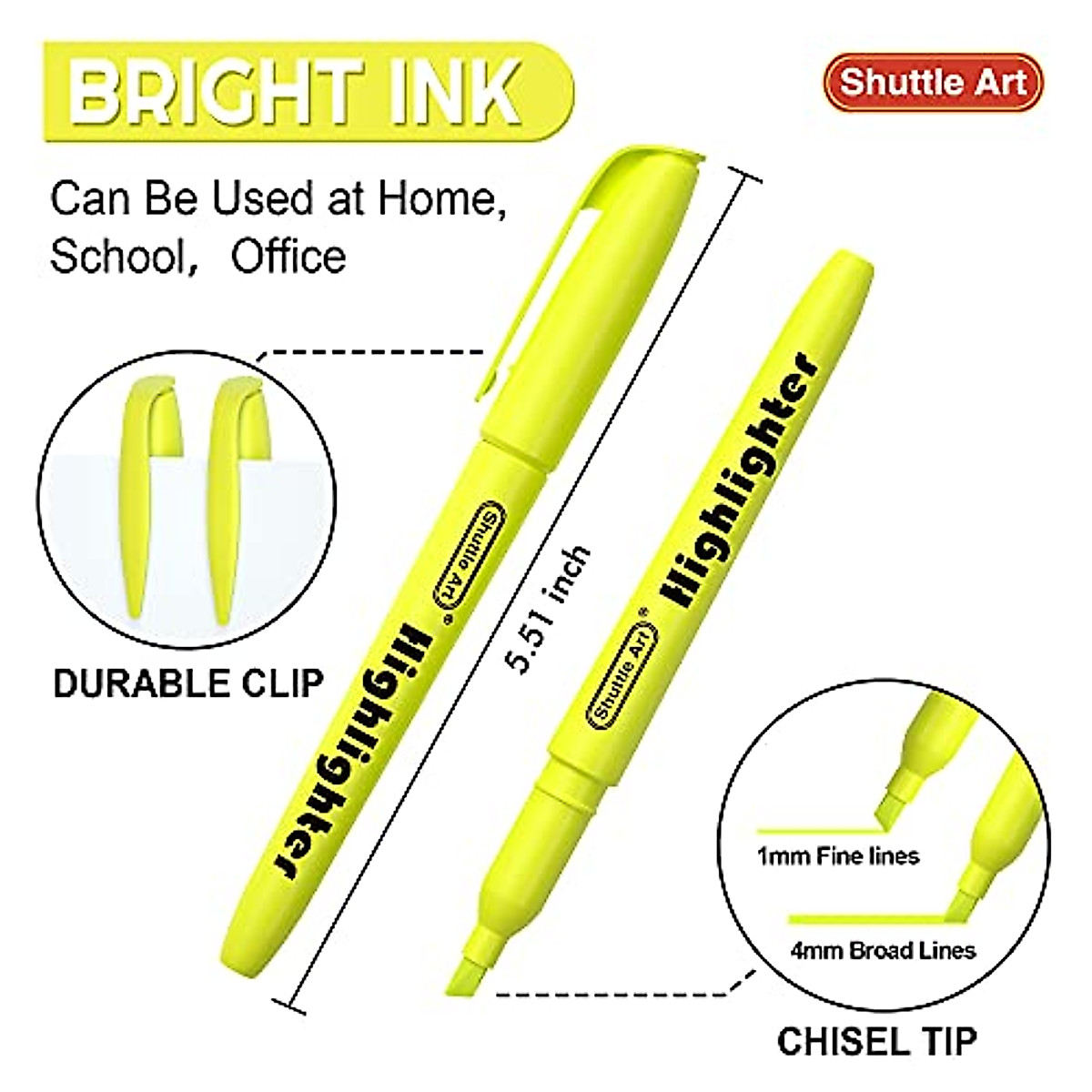 Shuttle Art Yellow Highlighters, 30 Pack Highlighters Bright Colors, Chisel Tip Dry-Quickly Non-Toxic Highlighter markers for Adults Kids Highlighting in Home School Office