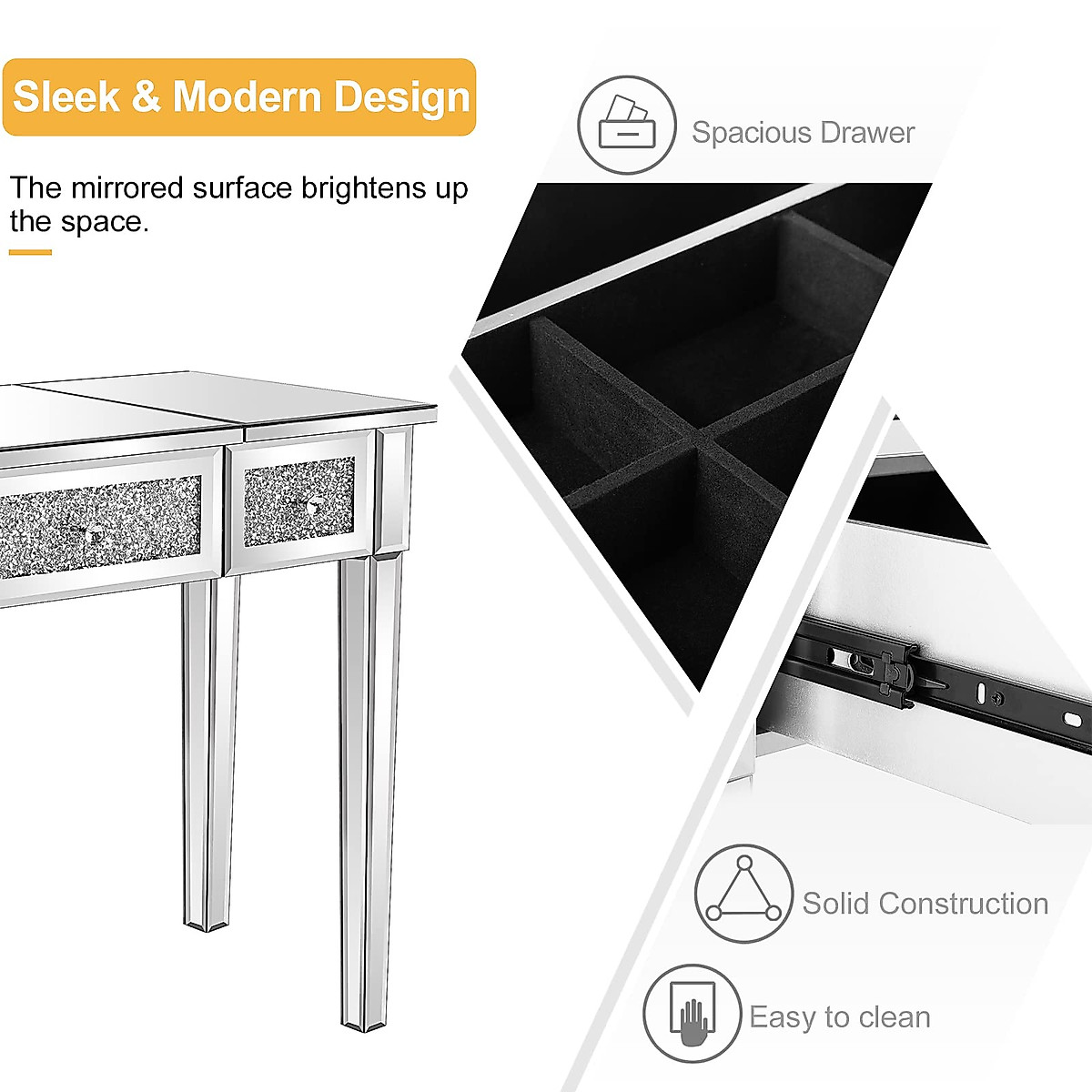 VINGLI Mirrored Vanity Desk with Drawers and Flip Mirror, Glass Vanity, Mirrored Vanity Table, Mirror Vanity Silver Desk, Mirrored Makeup Vanity Table for Bedroom/Makeup Room, Silver