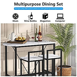 Tribesigns 3-Piece Bar Table Set, 2-Person Counter Height Dining Set, Sofa Pub Table with 2 Tools, Marble White, for Kitchen and Living Room
