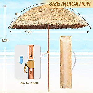 FULLSUN PARASOL Tiki Thatched Beach Umbrella, 7.5ft Large Heavy Duty Wind Portable Hawaiian Hula Umbrellas with Sand Anchor, UV 50+ Protect for Tiki Bar Outdoor Pool Patio Garden