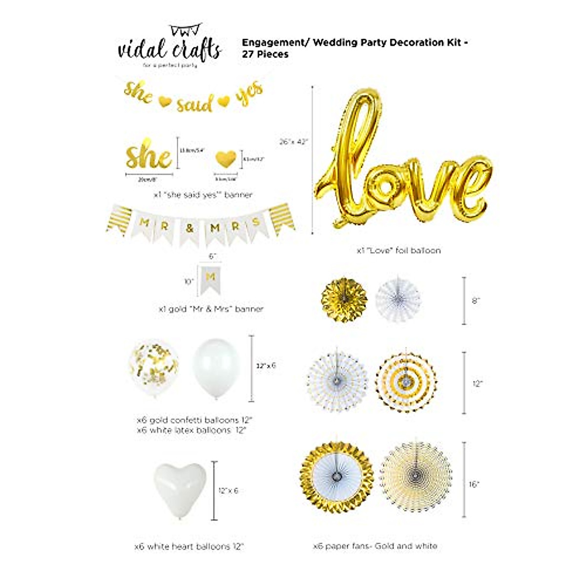 VIDAL CRAFTS Gold Engagement Party Decorations, 6 Pcs Paper Fans, MR&MRS Banner, Love Foil Balloon, Engagement Balloons, She Said Yes Banner, Gold Themed Engagement Party Kit or any kind of engagement party decor