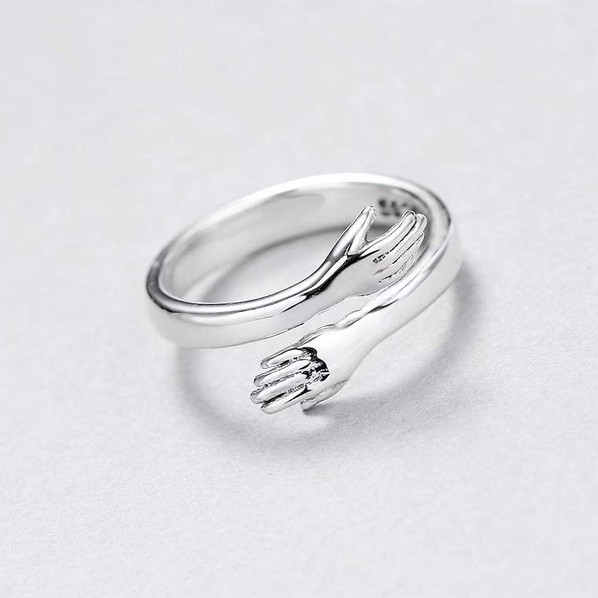 papasgix Hug Ring for Women 925 Sterling Silver,Hug Rings Silver Hugging Hands Open Promise Ring Jewelry Hug Hands Mens Rings Couples Wedding Bands (Silver)
