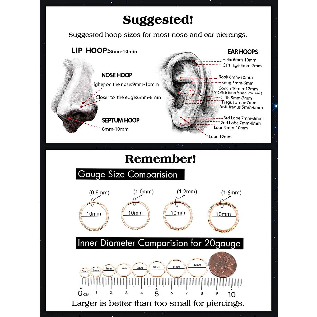 OUFER Nose Piercing Jewelry,20G Nose Hoop Rings, Double Row Diamonds Surgical Steel Tragus Piercing Jewelry, Helix Sung Rook Tragus Earrings for Women Men-20G 6MM