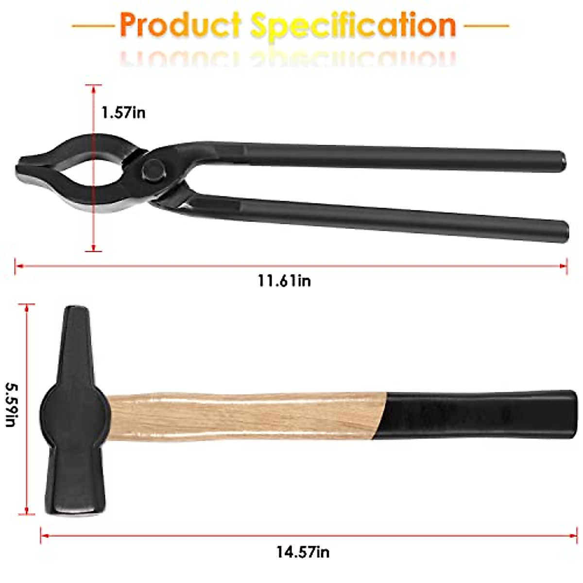 0004930-300 Blacksmiths' Tongs & 0000811-1000 Handmade Blacksmiths’ Hammer Assembled Bladesmith Tool Set for Beginner or Professional Blacksmith Making Farrier, Knife and Tool on Forging Anvil