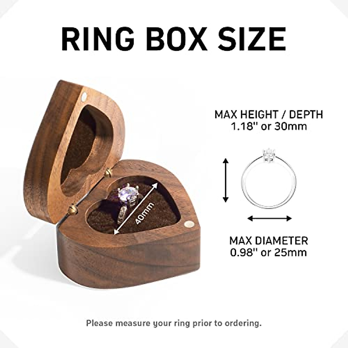 Wislist Heart Shaped Walnut Wood Ring Box Velvet Soft Interior Holder Jewelry Chest Organizer Earrings Coin Jewelry Wooden Presentation Box Case for Proposal Engagement Wedding Ceremony Birthday Gift