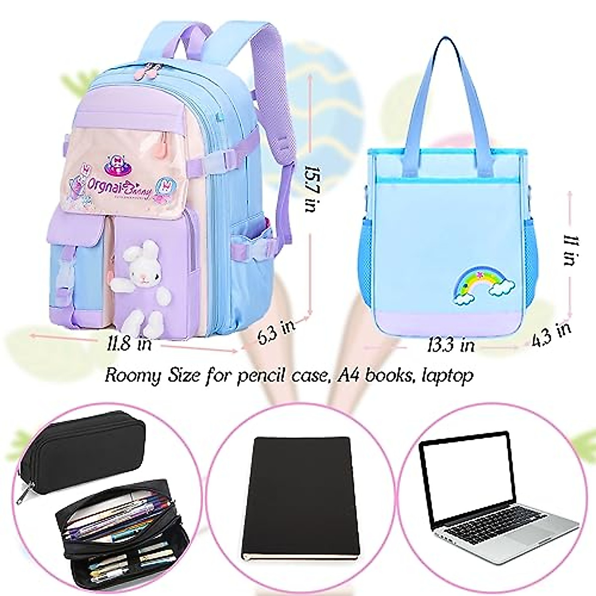 Dorlubel Girls Backpack Elementary School Bunny Backpack for girls Kindergarten Preschool Bookbag With Tote Bag (Blue Bunny Set)