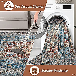 Area Rugs for Living Room: 5x7 Rug for Bedroom Machine Washable with Non Slip Backing Non Shedding, Boho Medallion Floral Large Carpet for Dining Room Nursery Home Office Indoor Decor Blue/Red