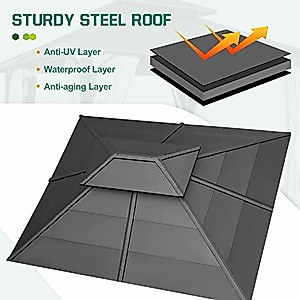 EAGLE PEAK 12x14 Outdoor Steel Frame Hardtop Gazebo Pavilion with Double Roof for Garden, Patio, Lawn and Party, Mosquito Mesh Netting and Light Beige Privacy Curtains Included, Black