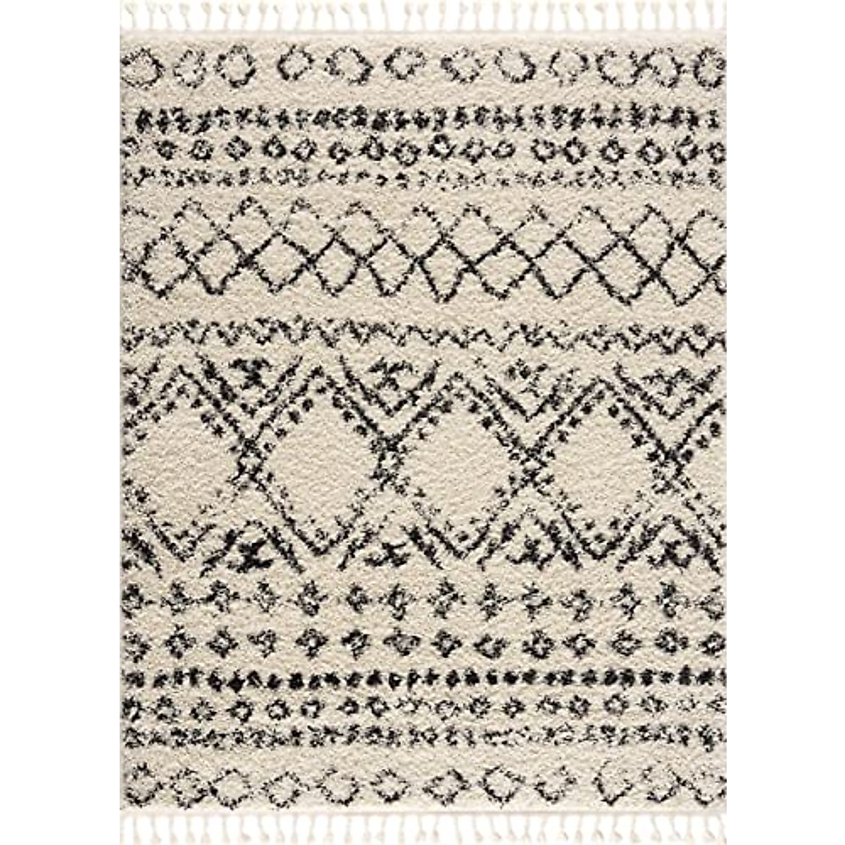 Hauteloom Duncans Farmhouse Shag Area Rug – Plush Pile Living Room & Bedroom Rug with Fringe – Beige, Charcoal, Gray - 6'7" x 9'