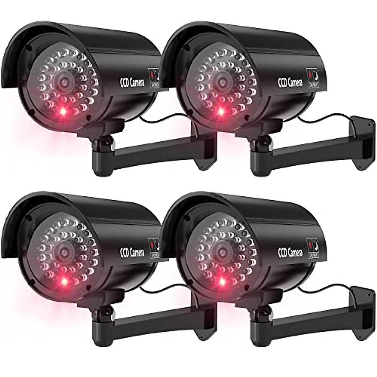 WALI Bullet Dummy Fake Surveillance Security CCTV Dome Camera Indoor Outdoor 1 Flashing LED Light and Security Alert Sticker Decals (Wl-B1-4), Black, 4 Pack
