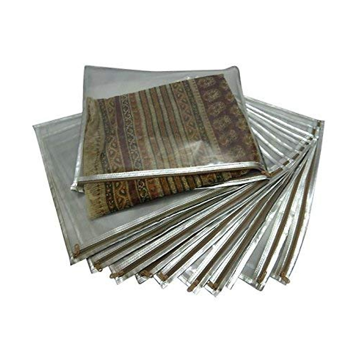 DESI PITAARA Set of 10 Pc Transparent Saree Cover/Saree Bag/Storage Bag/Clothes Cover with Stainless Steel Zip Lock Combo (Silver)(Suitable for Single Saree Pack) (Silver)
