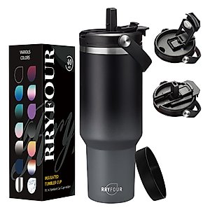 RRYFOUR 40 OZ Tumbler with Handle and Straw - Stainless Steel Water Cup with 2-in-1 Lids, Travel Coffee Mug Insulated Tumbler with Handle, Leak-proof Insulated Water Bottle Fits in Car Cup Holder