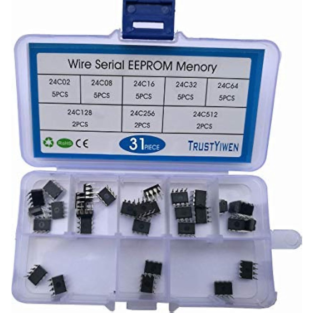 New 31pcs 24C02 24C08 24C16 24C32 24C64 24C128 24C256 24C512 DIP Wire Serial EEPROM Memory Include Box