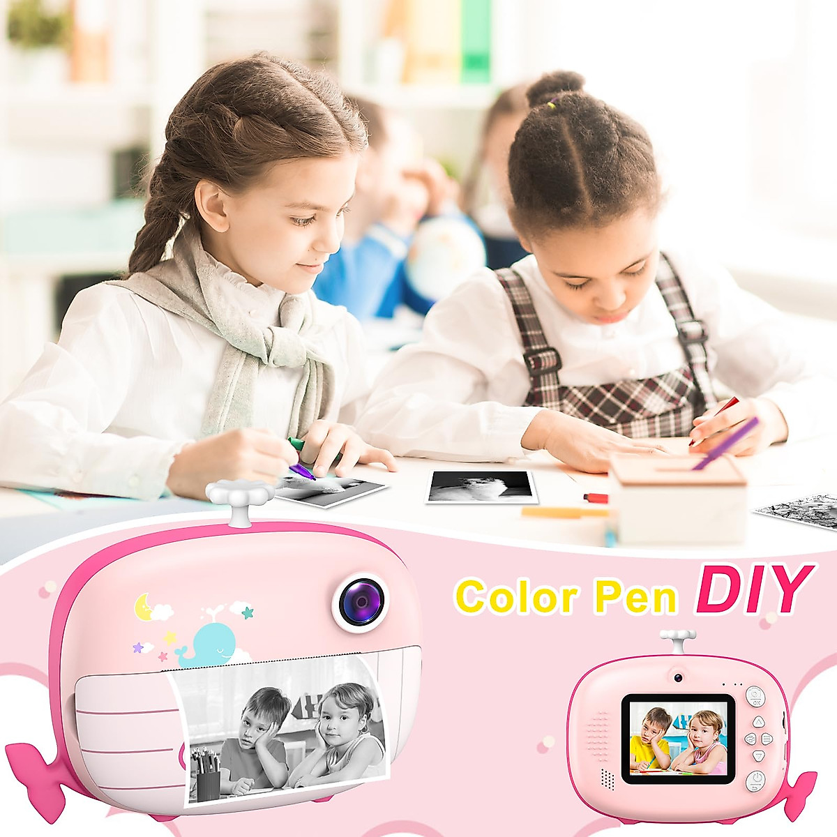 Instant Print Camera for Kids, USHINING Kids Instant Cameras Ink Free Printing Selfie Digital Camera for Kids Aged 3-12,1080P Video Camera with 2.4" Screen,SD Card,Color Pens,Papers,Lanyard (Pink)