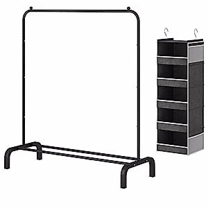 JIUYOTREE Metal Clothing Rack with Hanging Closet Organizer, 43.3 Inches Clothes Garment Coat Rack with Bottom Shelf, Clothing Rack for Hanging Clothes, Coats, Skirts, Shirts, Sweaters, Black