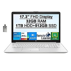 HP 2022 17.3 FHD Laptop Computer, Intel Core i5-1135G7 Processor(> i7-1065G7), 32GB RAM, 1TB HDD+512GB PCIe SSD, Backlit Keyboard, Iris Xe Graphics, HD Webcam, Win 10, Silver, 32GB SnowBell USB Card