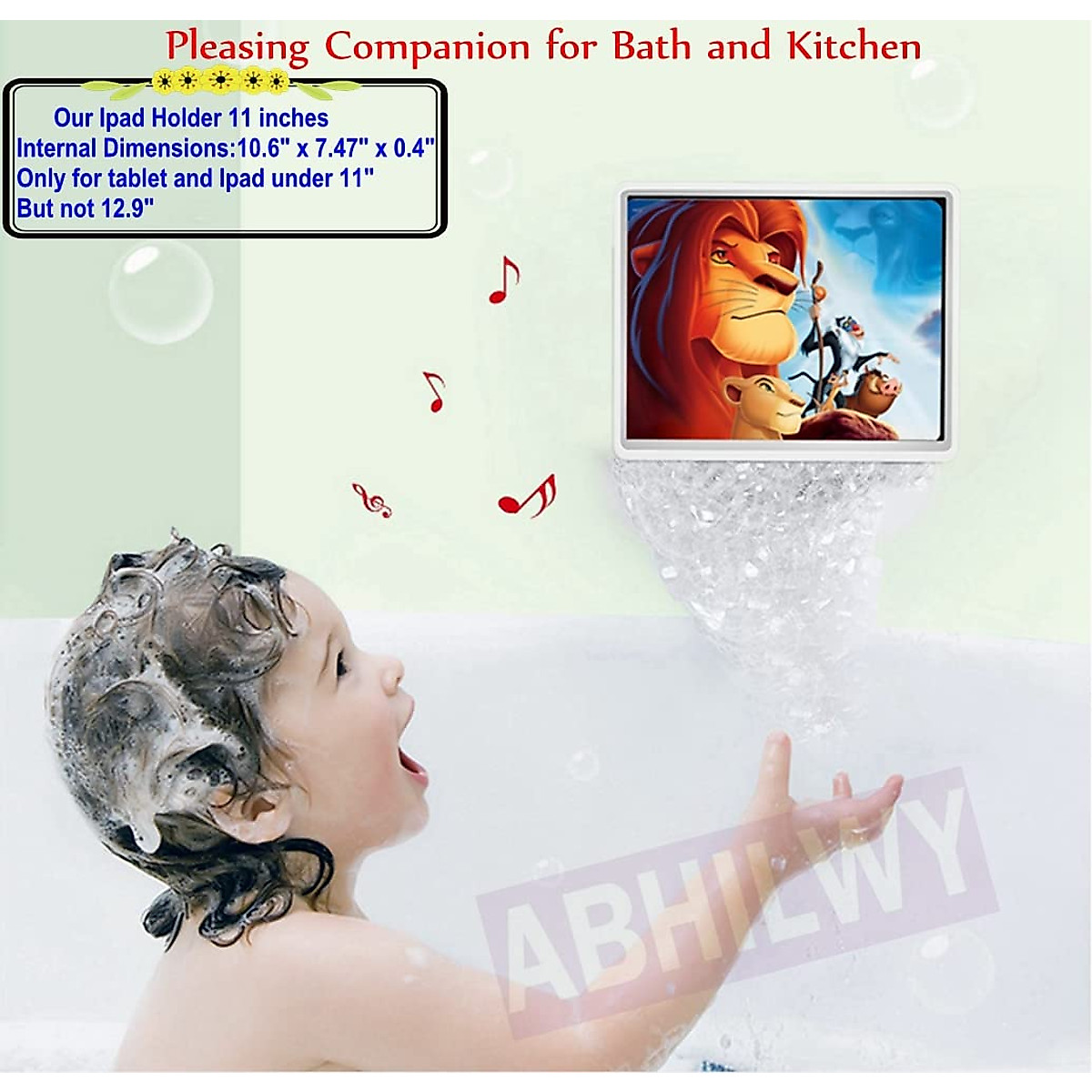 ABHILWY Shower Tablet Holder Waterproof Compatible with Ipad, Wall Mounted Bathroom Tablet Case Rotation, Adhesive Touchable Cradle with Glass Mirror Anti-Fog Screen for Kitchen 11 inches White