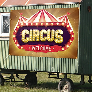 Welcome Circus Backdrop Banner Decor Brown - Red White Striped Tent Carnival Theme Party Decorations for Girls Boys Supplies