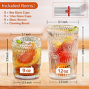 Lvtrupc 10Pcs Vintage Drinking Glasses - Romantic Highball Glasses & Rocks Glasses, Striped Glass Tumbler Cups for Water Coffee Juice Cocktail, Luxurious Floral Embossed Clear Glassware Set