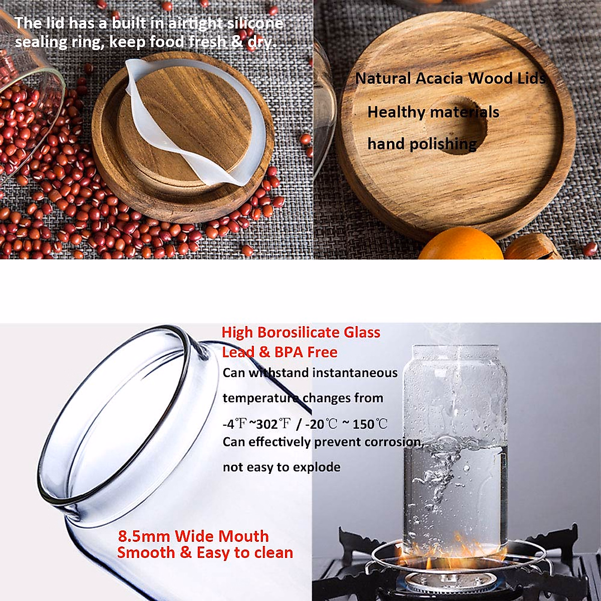 Keledz Glass Storage Jar with Wood Lids, Airtight Sealed Clear Borosilicate Glass Canister Kitchen Food Storage Containers for Coffee Beans Loose Tea Nuts Sugar Candy Spice, 450ml 16 oz (450ml 16 oz)