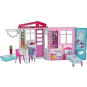 Barbie Doll House, Portable Playset with Carrying Handle and Accessories, Kitchen, Bedroom, Bathroom and Patio Pool (Amazon Exclusive)