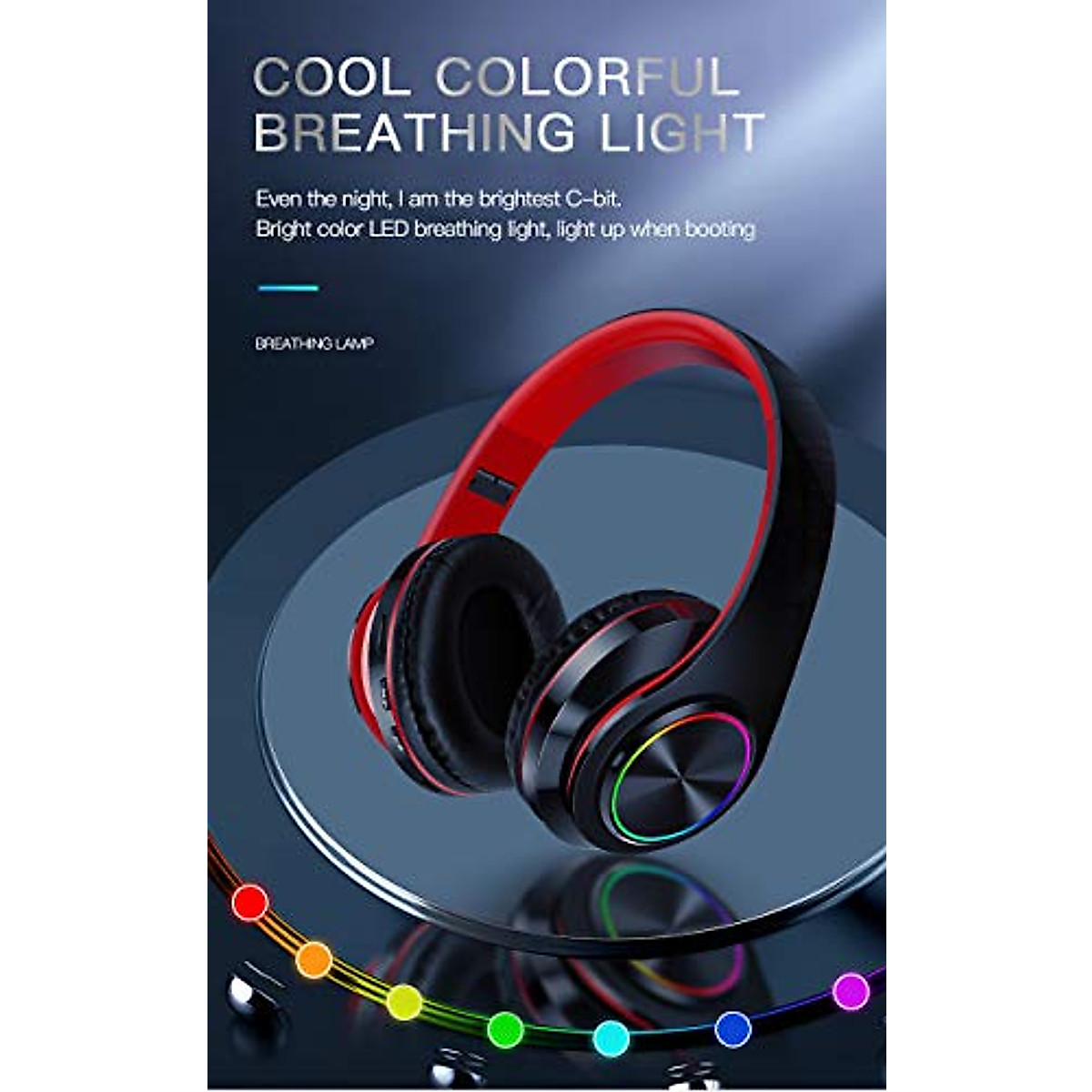 Amazing 7 LED Bluetooth Headphones with 8Hours Playtime, Wireless Headsets Over Ear, Hi-Fi Stereo, Multi-Colored Breathing Led, Built-in Mic, Snug Fit Earphones for Game Video DJ (Black Red)