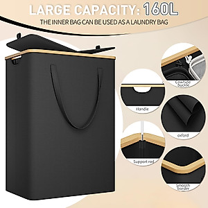 Raybee Laundry Hamper with Lid,160L Laundry Basket with Lid, Clothes Hamper for Laundry Hamper 2 Section, Laundry Hamper with 2 Removable Washing Bags,Freestanding Dirty Clothes Hamper,Black