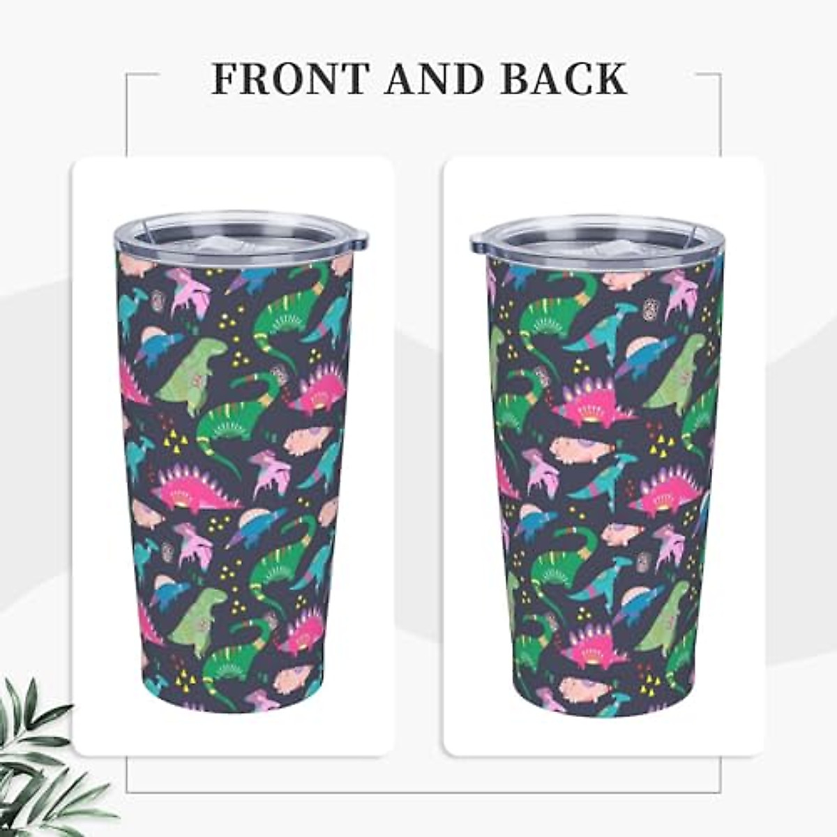 20oz Tumbler Hand Drawn Cute Dinosaur Double Wall Vacuum Insulated Coffee Mug with Lid and Metal Straw Brush Reusable Stainless Steel Water Bottle Travel Cup Gifts for Car Ice Drinks Hot Beverage