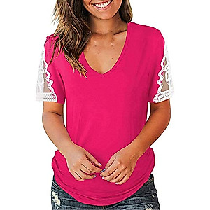 wodceeke Women's Retro Floral Lace Mesh Shoulder Short-Sleeve T-Shirt Round Neck Plus Size Tee Summer Casual Top (Hot Pink, L)